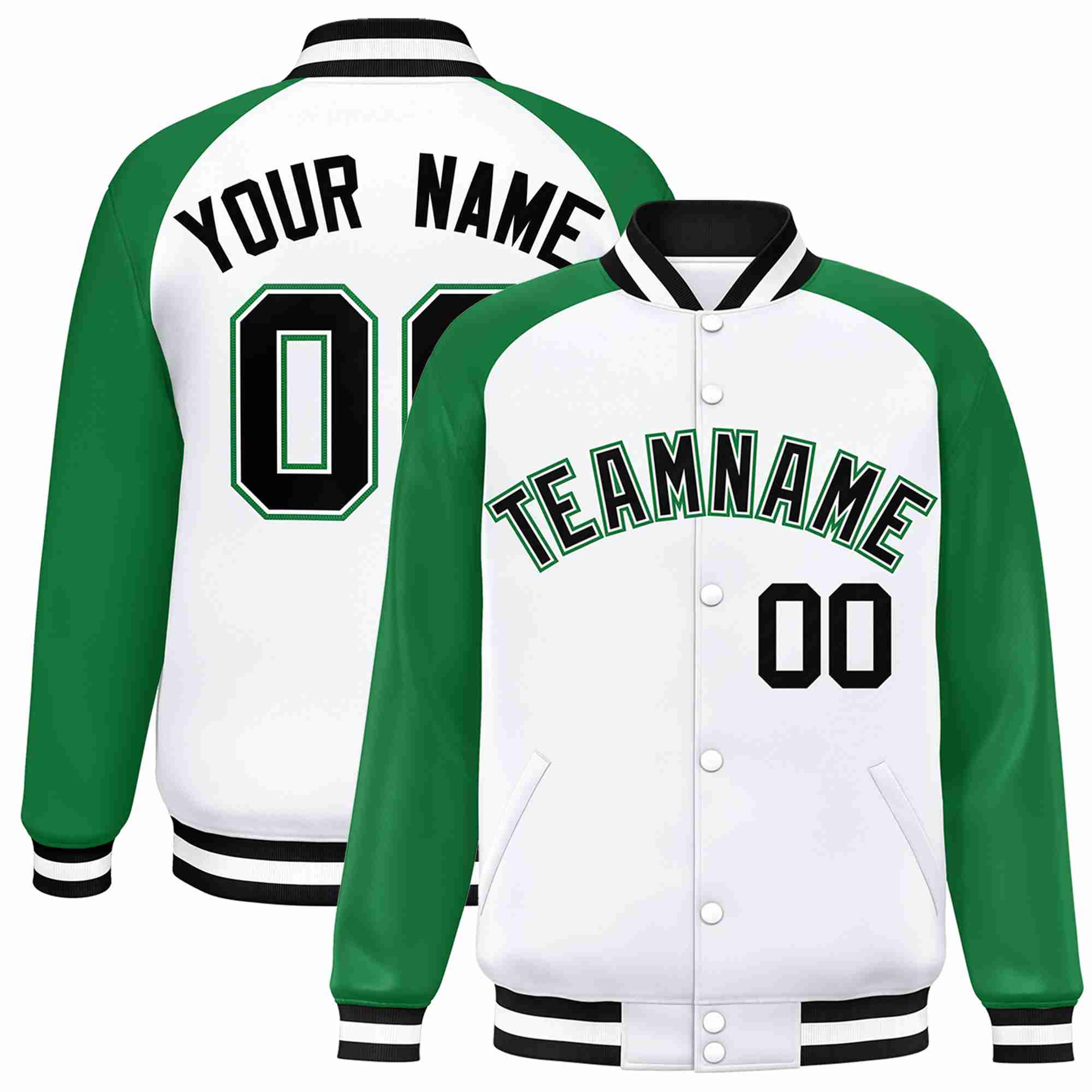 Custom White Black White Raglan Sleeves Varsity Full Snap Letterman Ja