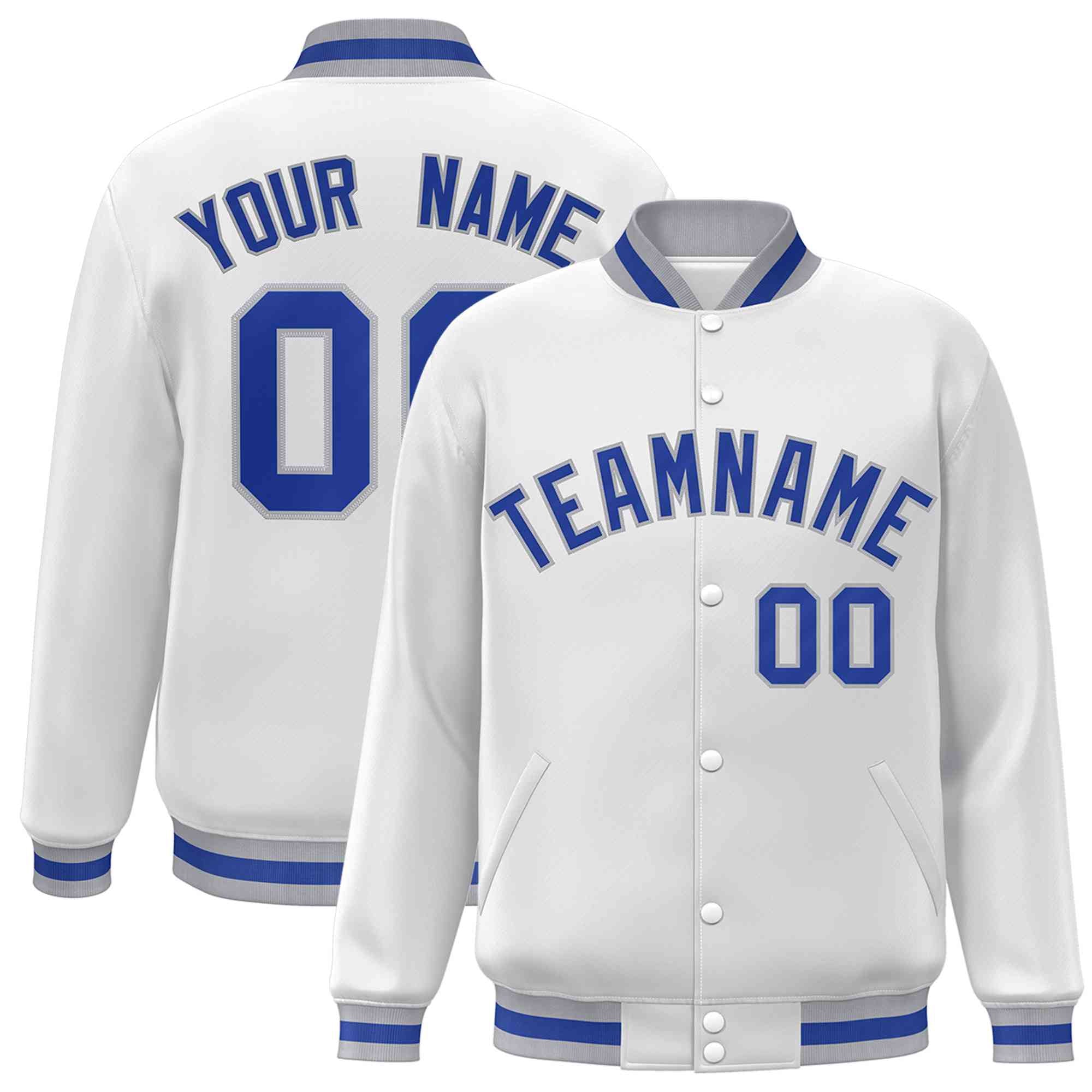 Custom White Royal Gray Classic Style Varsity Full Snap Letterman Jack