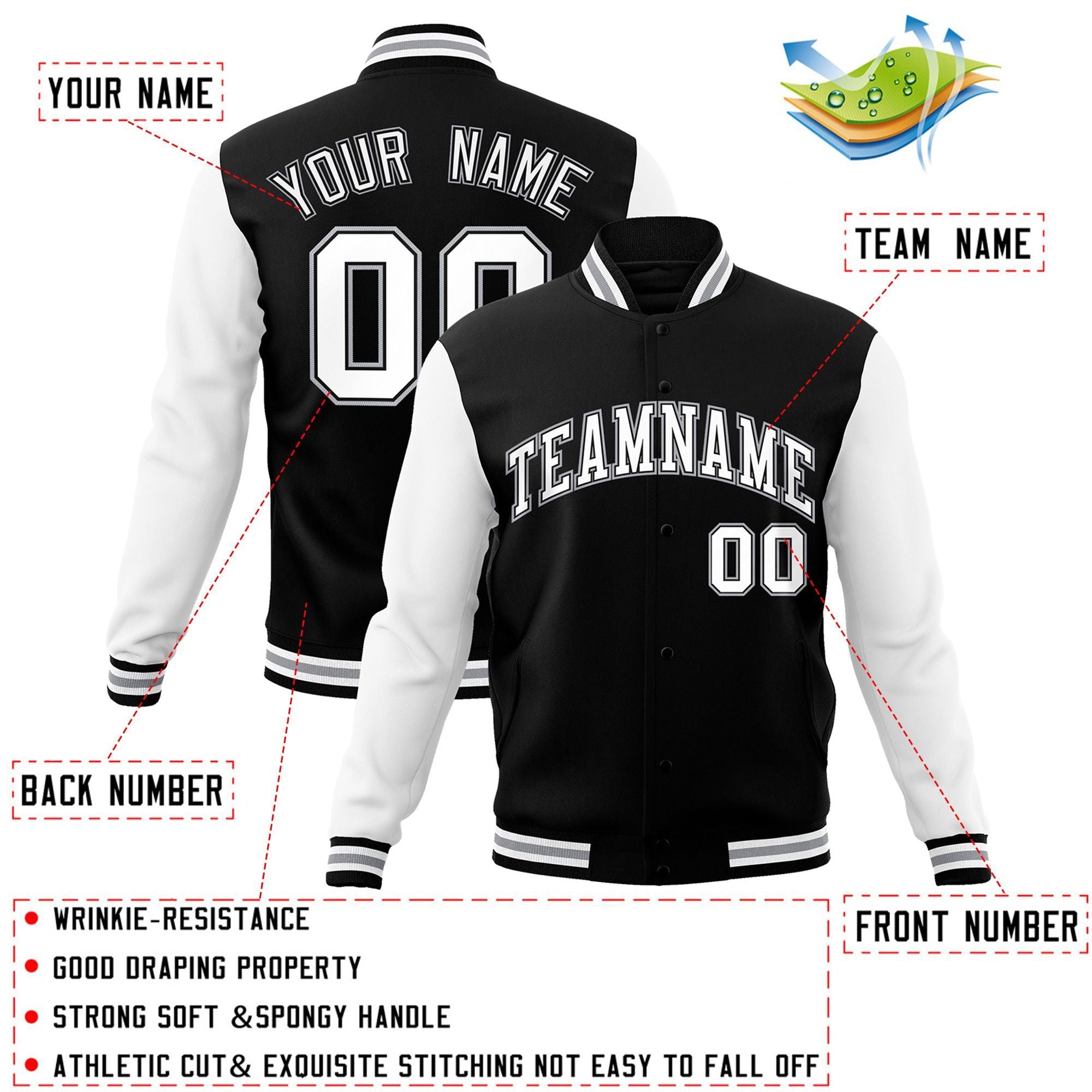Custom Black White Black Raglan Sleeves Varsity Full Snap Letterman Ja